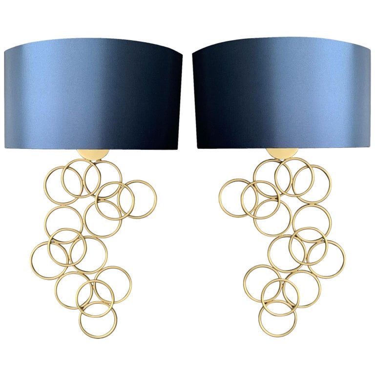 Pair of Metal Gold Sconces with Blue Silk Shade For Sale at 1stDibs