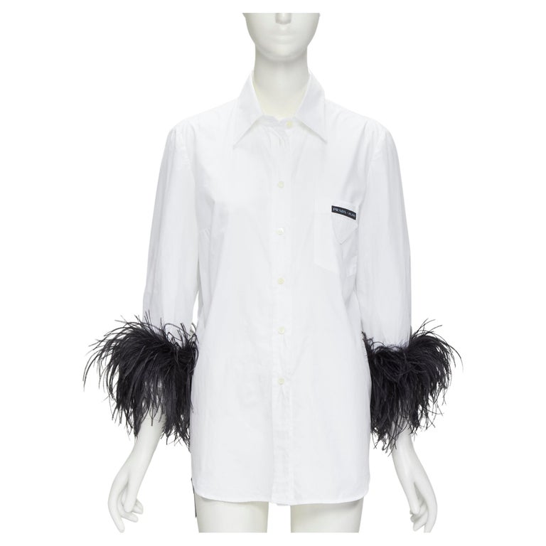 new PRADA 100% cotton white feather cuff triangle logo patch pocket ...