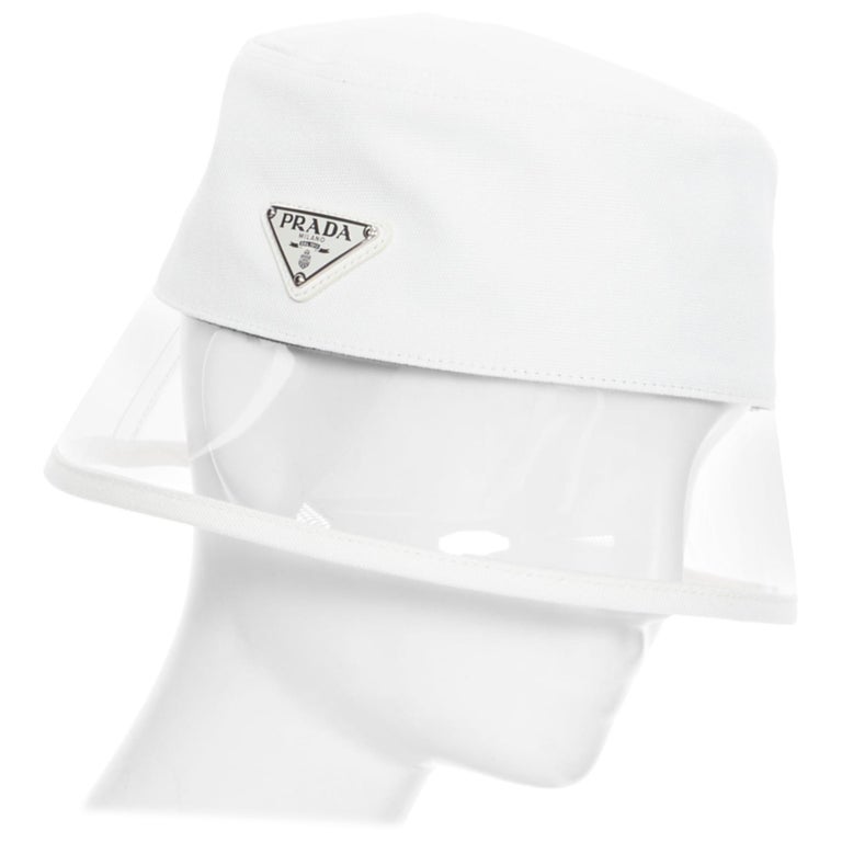 new PRADA 2018 cream cotton triangle logo clear PVC brim 90's bucket ...
