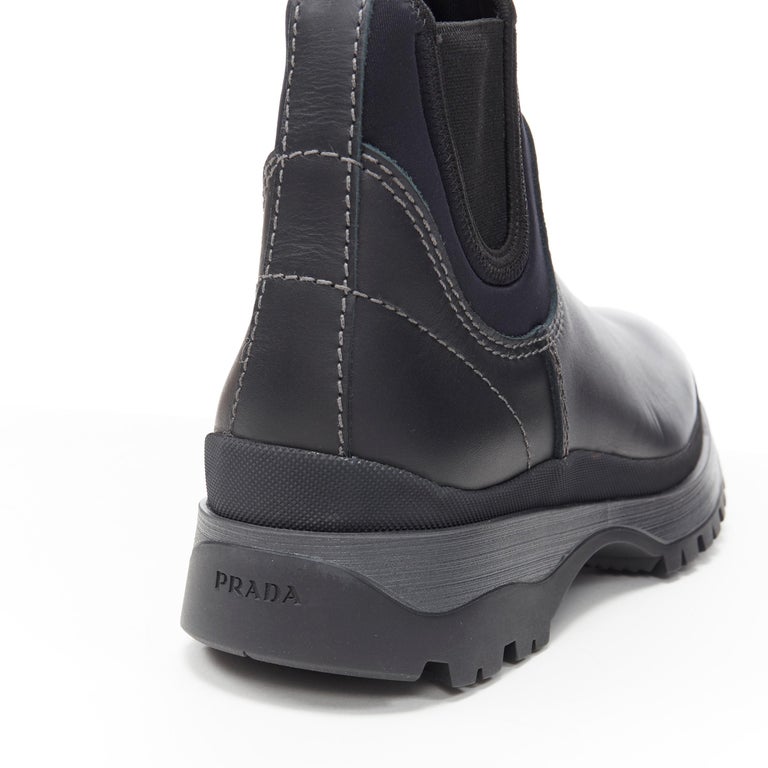 new PRADA 2018 Runway Brixxen black calf chunky tread chelsea boot UK8 EU42 at 1stDibs