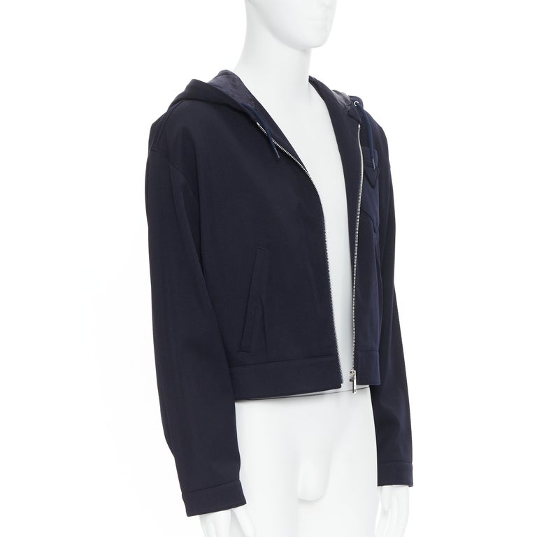new PRADA 2019 navy blue wool triangle logo pocket cropped zip up ...