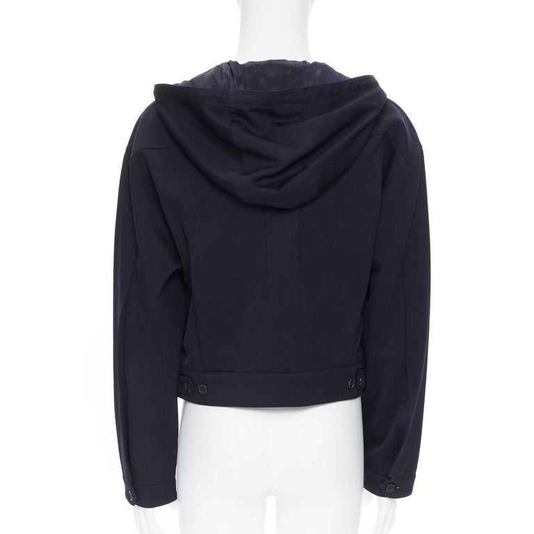 new PRADA 2019 navy blue wool triangle logo pocket cropped zip up ...