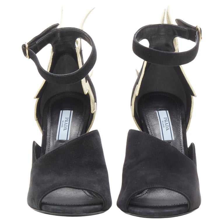 new PRADA 2019 Runway Lightning Bolt black suede metallic gold chunky ...