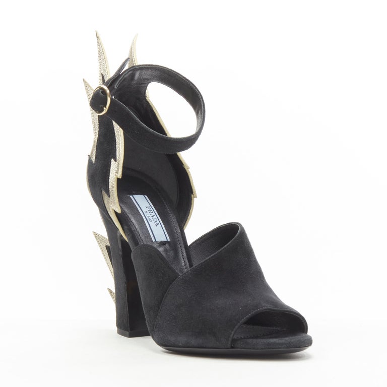 new PRADA 2019 Runway Lightning Bolt black suede metallic gold chunky heel EU37 For Sale at 1stDibs