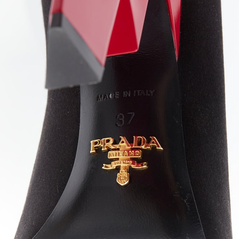 new PRADA 2019 Runway red lightning bolt heel black satin pump EU37 at ...