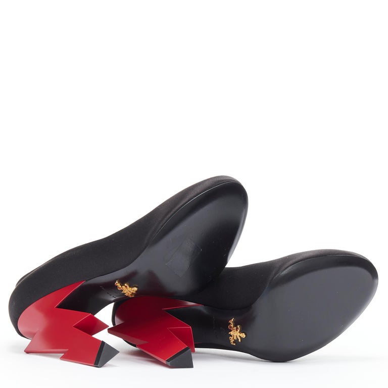 new PRADA 2019 Runway red lightning bolt heel black satin pump EU37 at ...