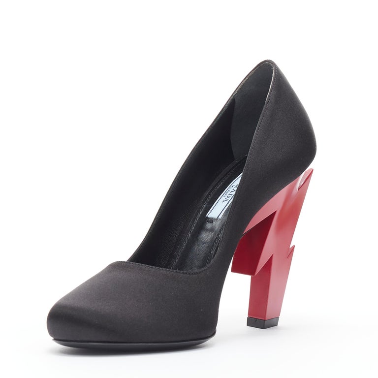 new PRADA 2019 Runway red lightning bolt heel black satin pump EU37.5 ...