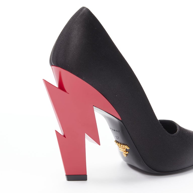 new PRADA 2019 Runway red lightning bolt heel black satin pump EU37.5 ...