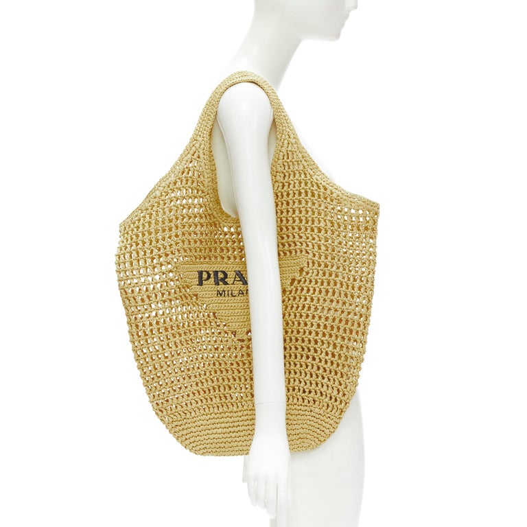 new PRADA 2022 Tropico brown Triangle Logo raffia straw tote bag For ...