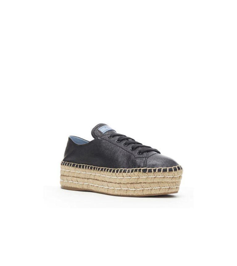 new PRADA black leather signature logo double platform jute espadrille ...
