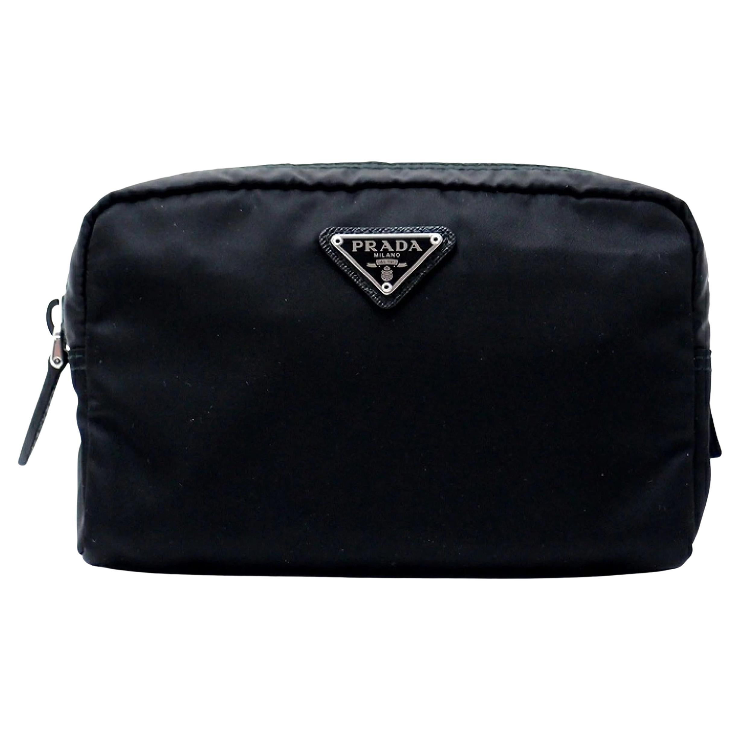 NEW Prada Black Logo Pouch Cosmetic Clutch Bag For Sale at 1stDibs
