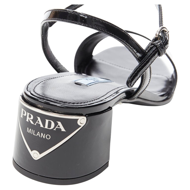 new PRADA black patent silver triangle brand logo plate mid heel sandal ...
