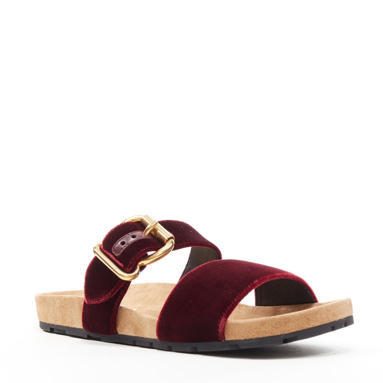 new PRADA burgundy red velvet strap gold buckle slides summer sandals ...