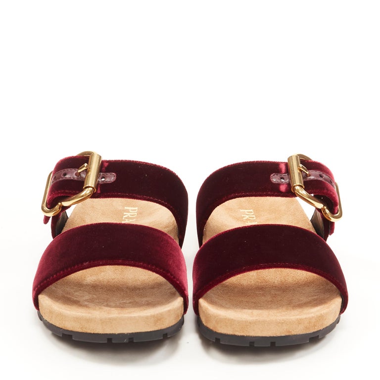 new PRADA burgundy red velvet strap gold buckle slides summer sandals ...
