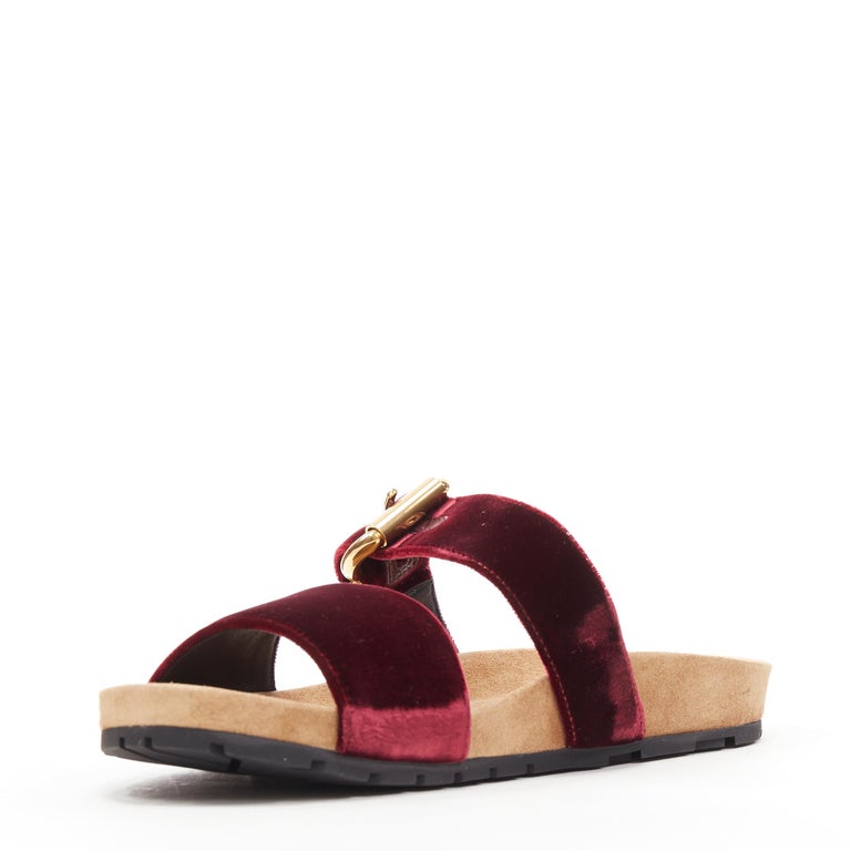 new PRADA burgundy red velvet strap gold buckle slides summer sandals ...