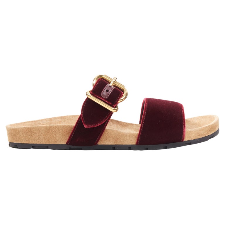 new PRADA burgundy red velvet strap gold buckle slides summer sandals ...