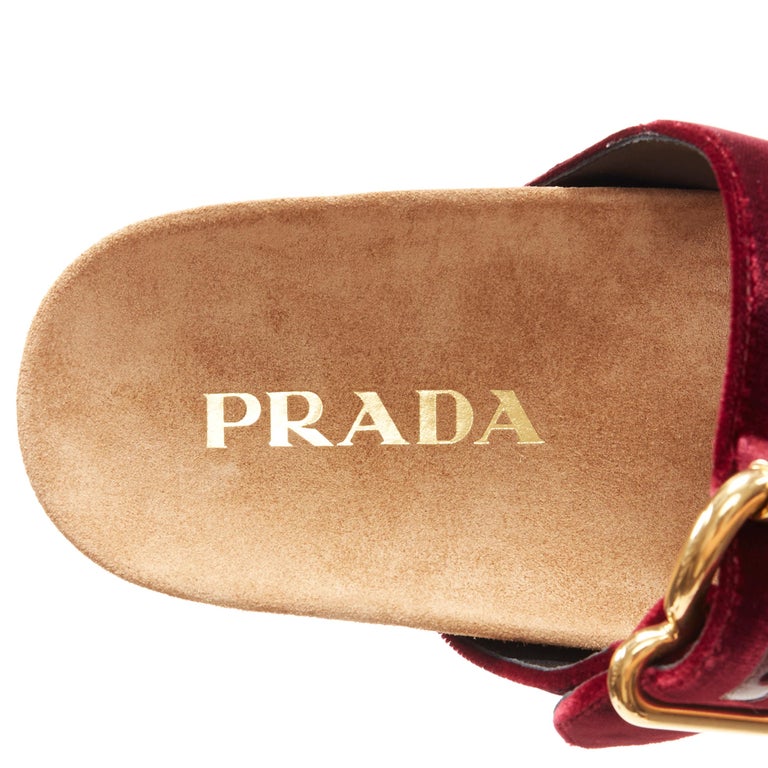new PRADA burgundy red velvet strap gold buckle slides summer sandals ...