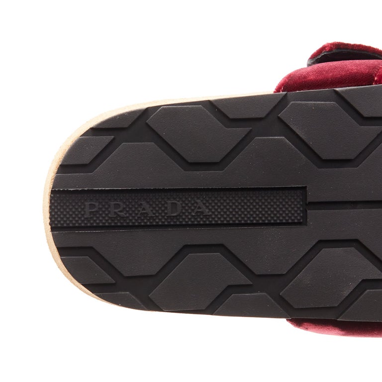 new PRADA burgundy red velvet strap gold buckle slides summer sandals ...