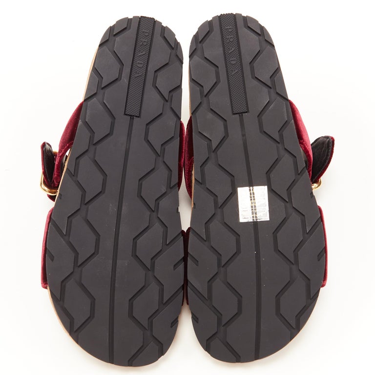 new PRADA burgundy red velvet strap gold buckle slides summer sandals ...
