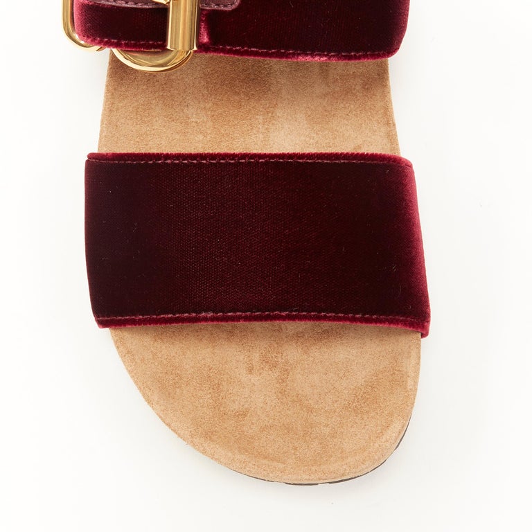 new PRADA burgundy red velvet strap gold buckle slides summer sandals ...