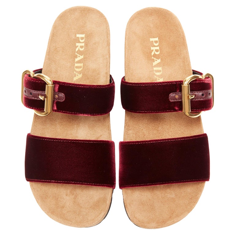 new PRADA burgundy red velvet strap gold buckle slides summer sandals ...