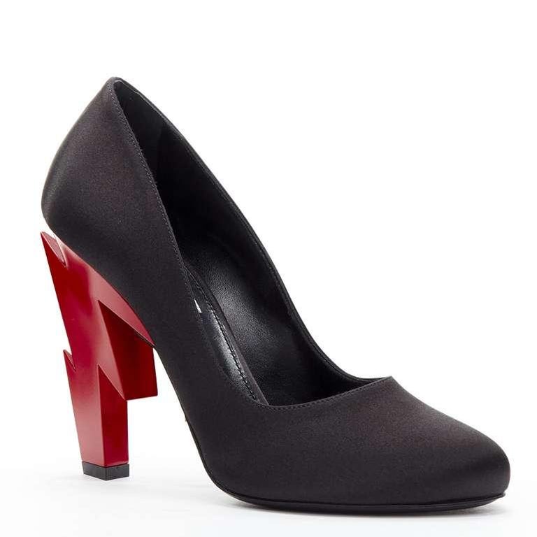 new PRADA Lightning Bolt black silk satin red heel pump EU37 For Sale ...