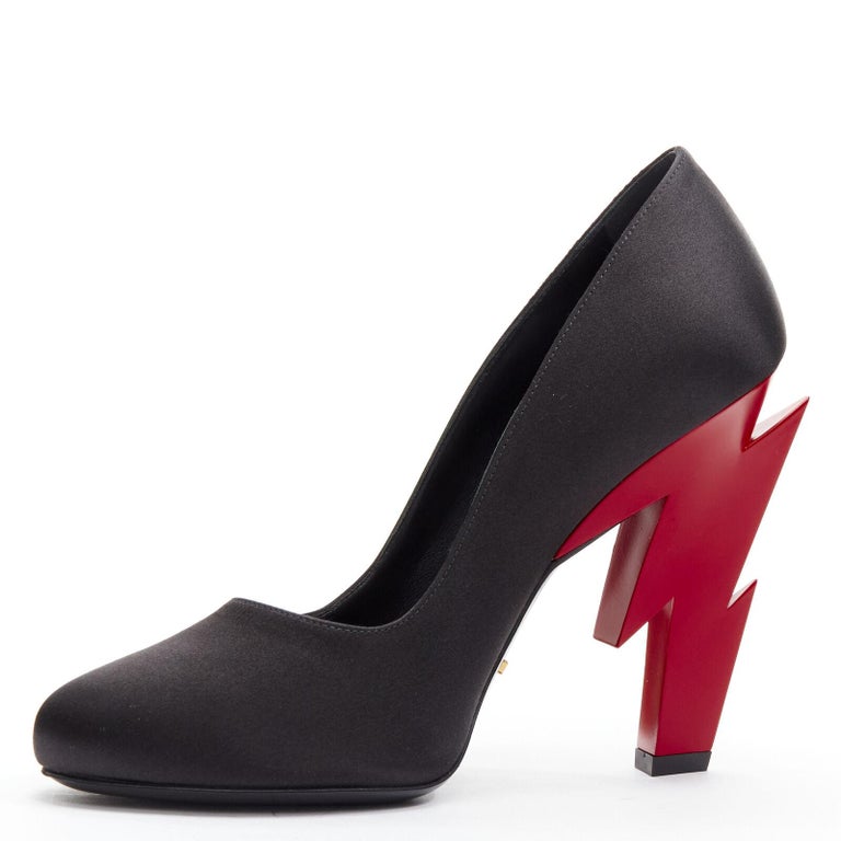 new PRADA Lightning Bolt black silk satin red heel pump EU37.5 For Sale ...