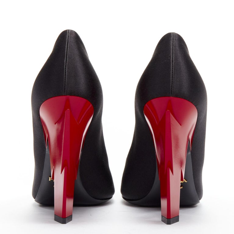 new PRADA Lightning Bolt black silk satin red heel pump EU37.5 For Sale ...