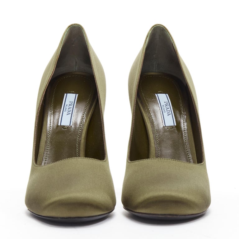new PRADA Lightning Bolt green silk satin gold metal heel pump EU38.5 ...