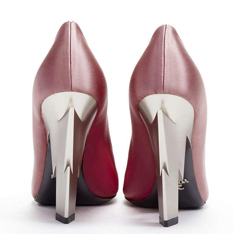 new PRADA Lightning Bolt pink silk satin silver metal heel pump EU38 ...