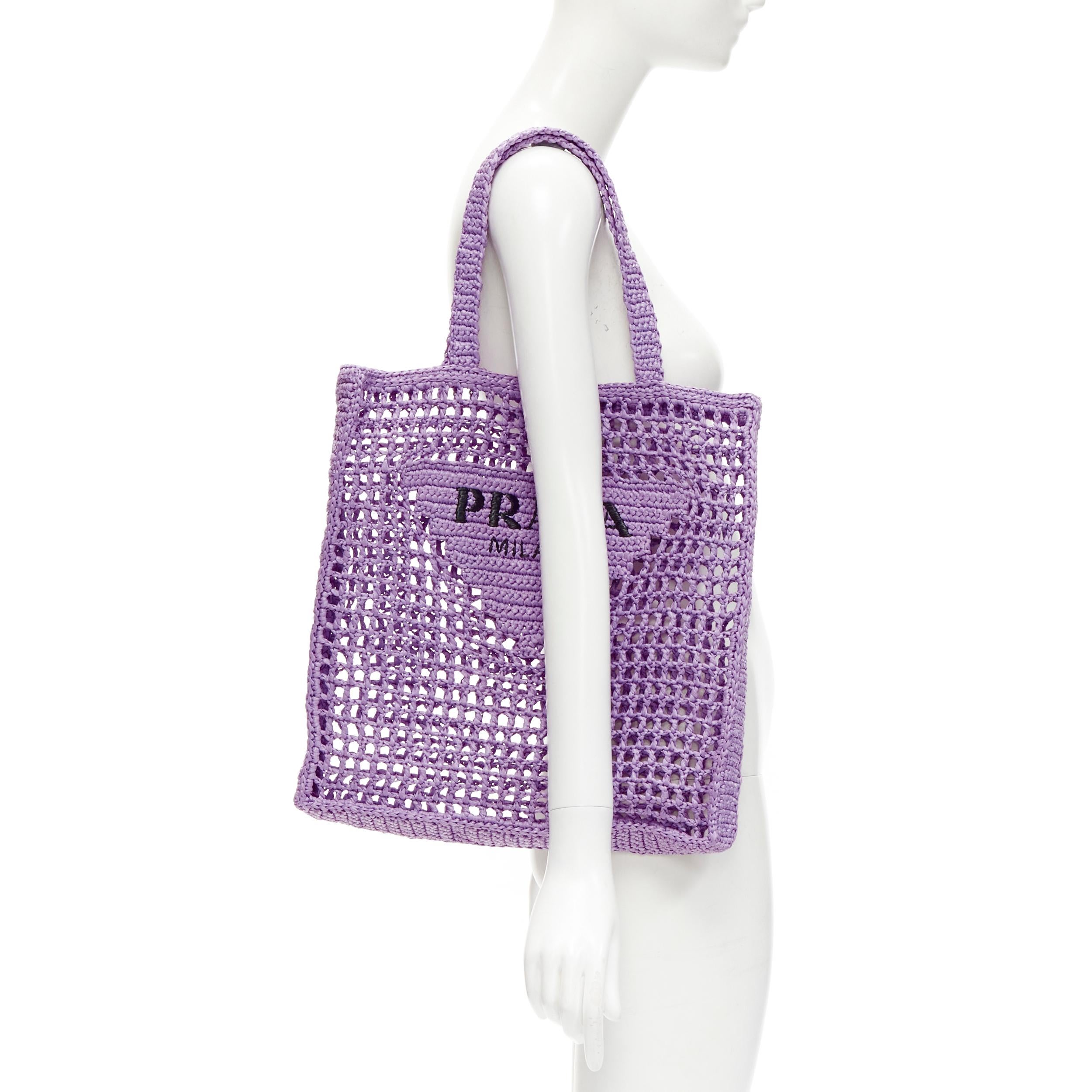 new PRADA Lily purple raffia triangle logo top handle tote bag For Sale ...