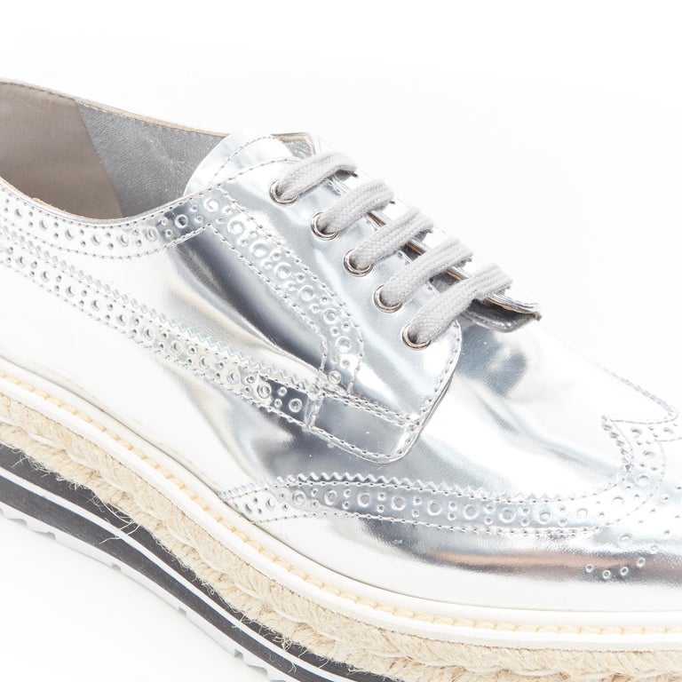 new PRADA metallic silver espadrille jute platform oxford brogue shoe ...