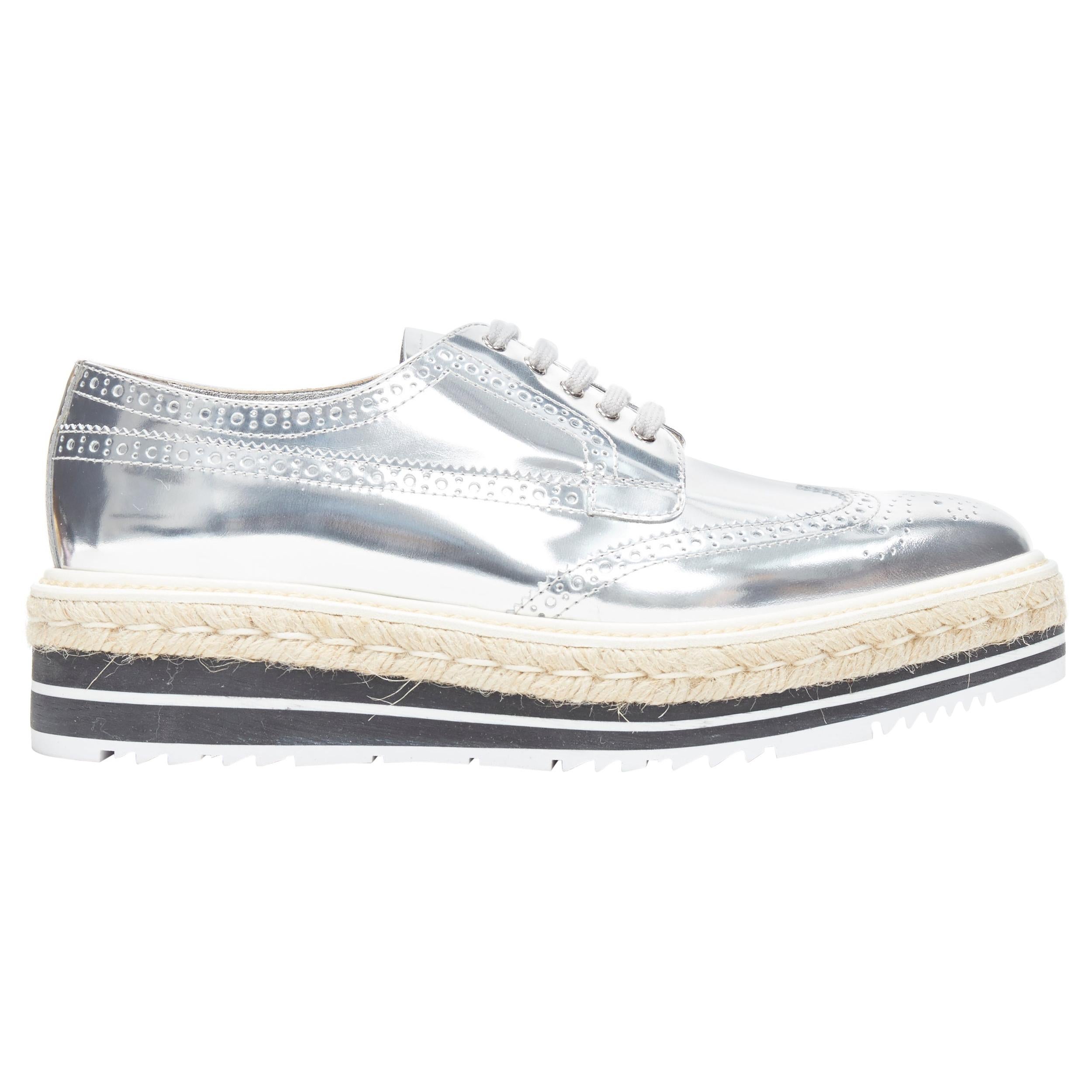 new PRADA mirrored silver leather espadrille jute platform sole brogue ...