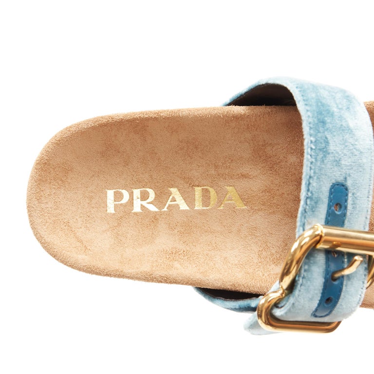new PRADA sky blue velvet strap gold buckle slides flat sandals EU37.5 ...