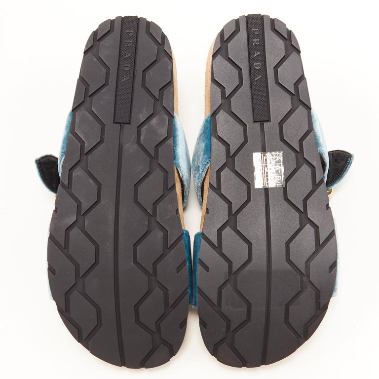 new PRADA sky blue velvet strap gold buckle slides flat sandals EU37.5 ...
