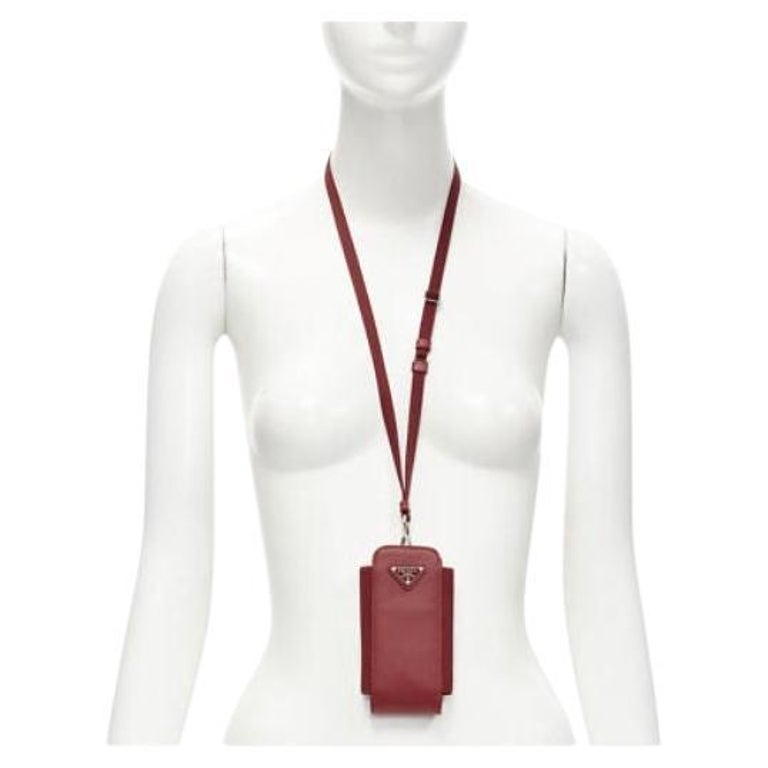 new PRADA Symbole Triangle logo saffiano leather phone pouch lanyard bag red For Sale at 1stDibs