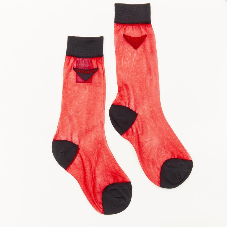 new PRADA Triangle logo red semi sheer black trimmed fine cotton knit ...