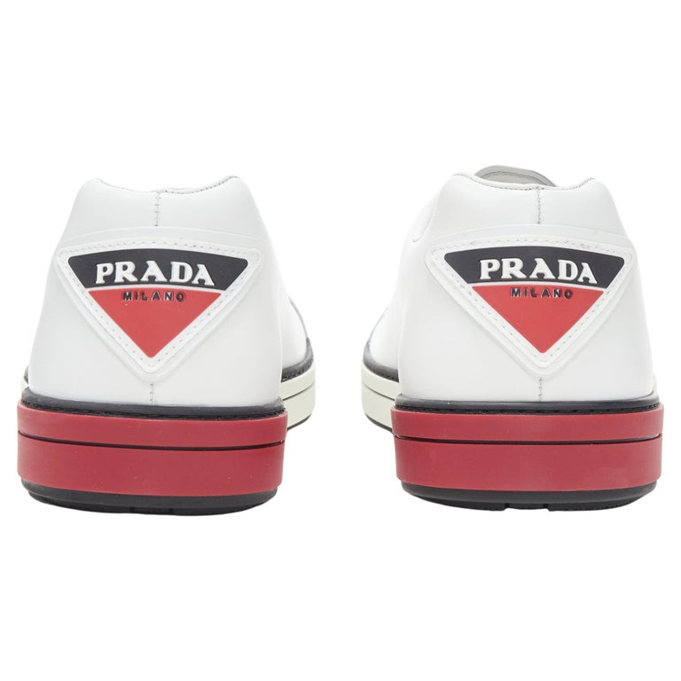 new PRADA white leather triangle logo red white midsole low sneaker UK9 ...