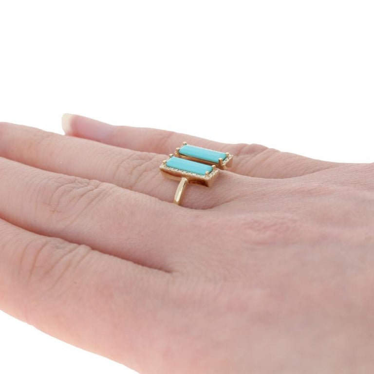 Rectangle Cut Turquoise and Diamond Open Ring, 14 Karat Yellow Gold ...