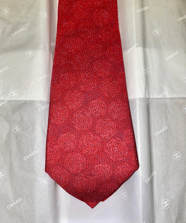 NEW Red Chanel Camellia Print Jacquard Silk Tie at 1stDibs