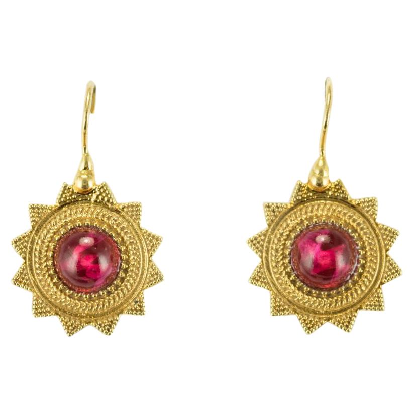 New Etruscan Style Vermeil Red Stone Drop Earrings For Sale at 1stDibs