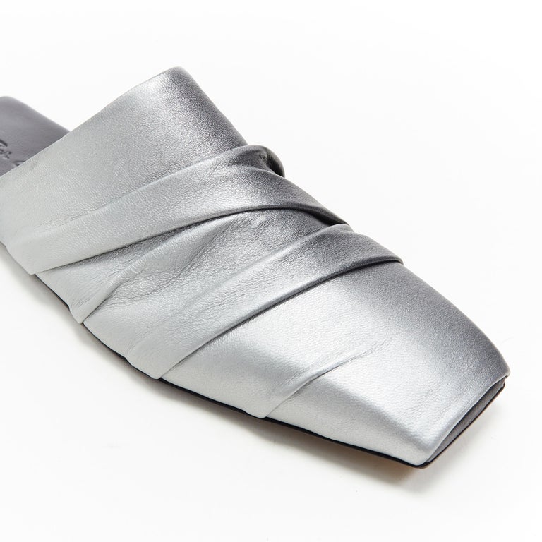 new RICK OWENS black silver painted leather draped square toe flats ...