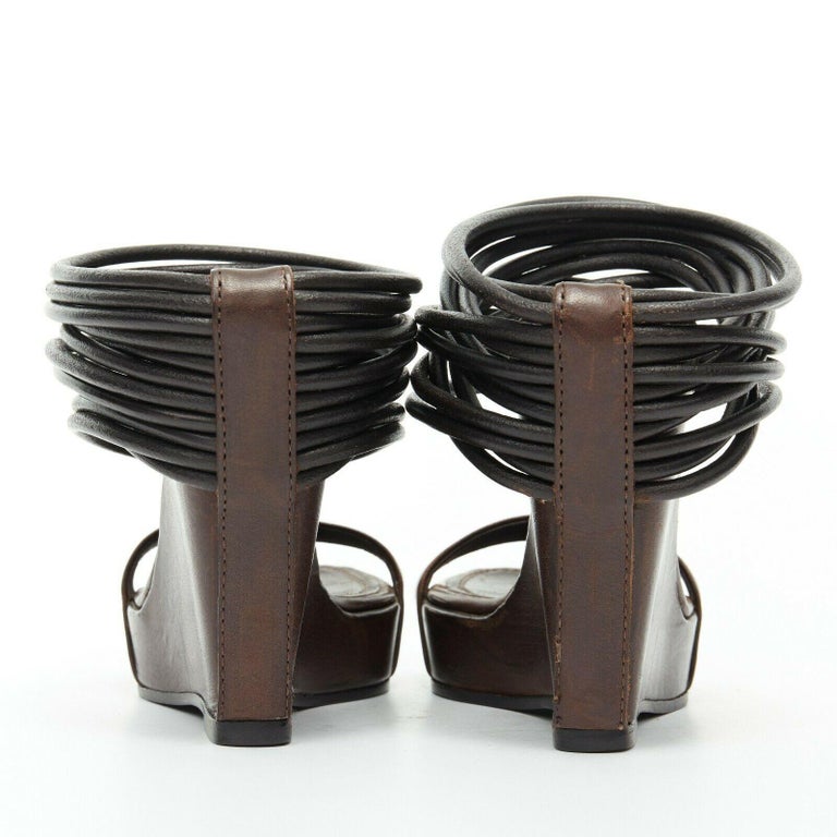 new RICK OWENS distressed brown leather multi strap wedge heel slip on ...