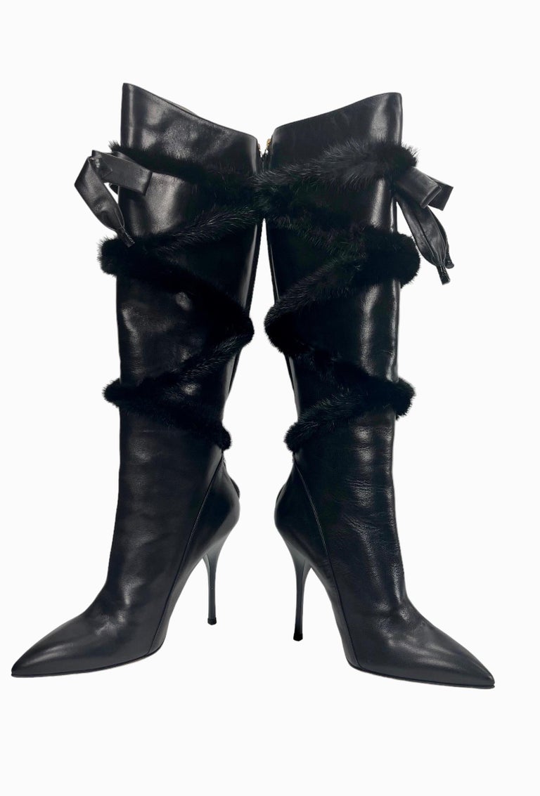 New Roberto Cavalli Black Leather Knee High Boots with Mink Fur It. 37 ...