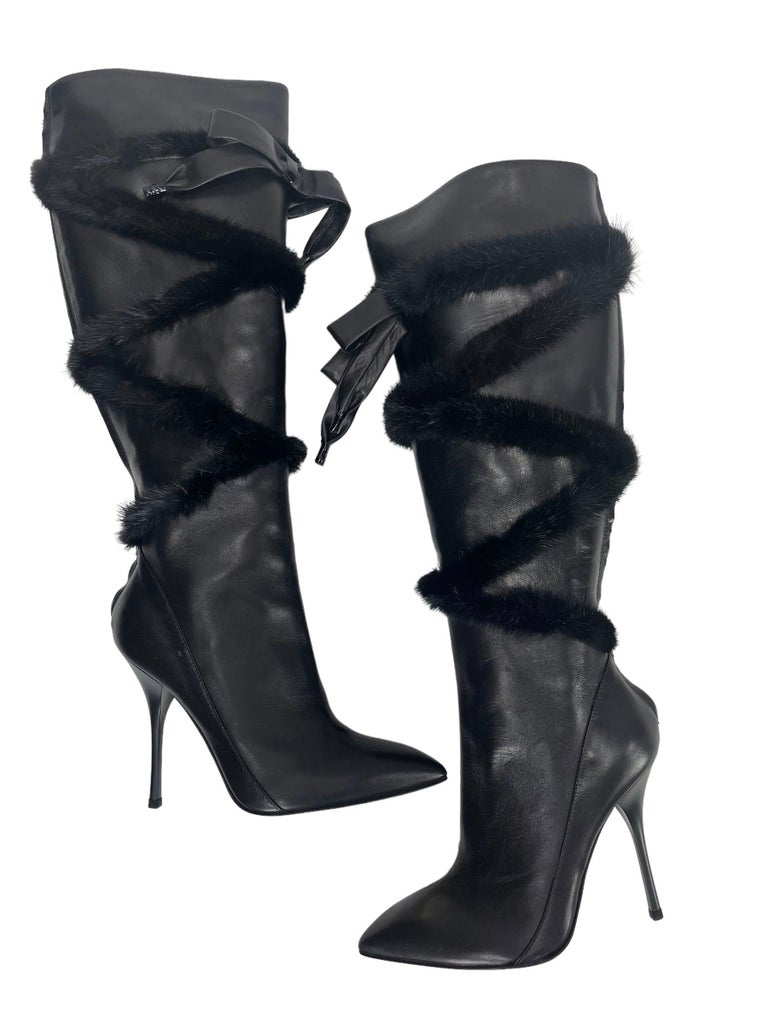 New Roberto Cavalli Black Leather Knee High Boots with Mink Fur It. 37 ...