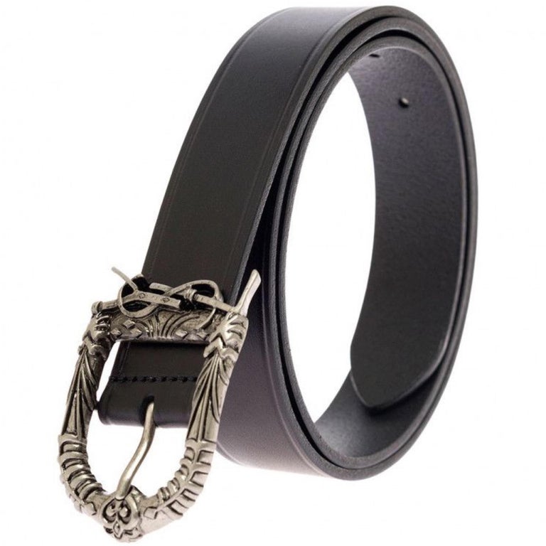 NEW Saint Laurent Black Decorative Buckle Leather Belt Size 32 US 80 EU ...
