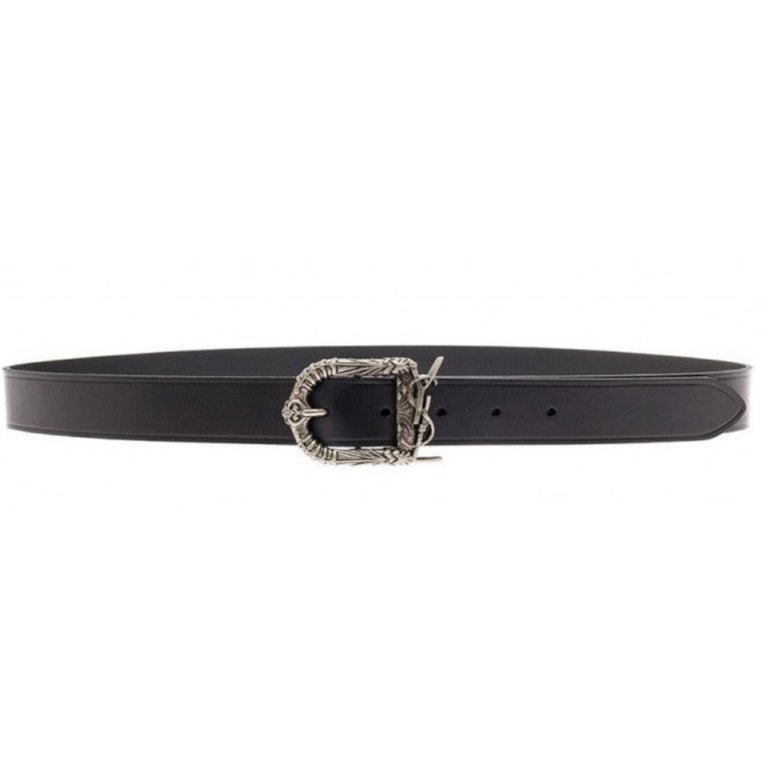 NEW Saint Laurent Black Decorative Buckle Leather Belt Size 34 US 85 EU ...