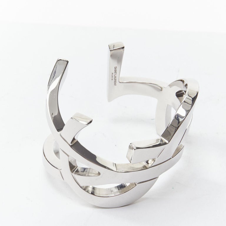 new SAINT LAURENT Cassandre silver brass metal YSL monogram logo cuff ...