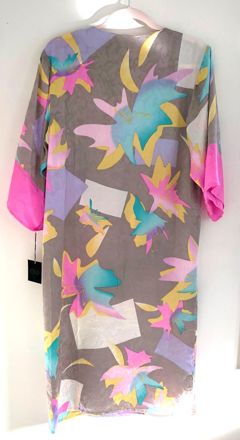 New silk kimono dress by FLORA KUNG in pearl gray with printed neon ...