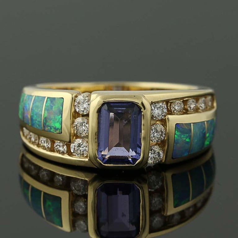 Tanzanite, Opal, and Diamond Kabana Ring 14 Karat Gold Round Brilliant ...